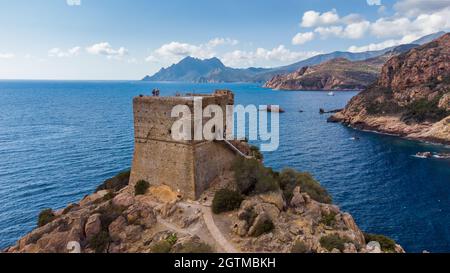 Aerial view of the remains of the Genoese Tower of La Parata built on ...