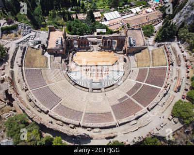 Panoramic aerial view of Taormina Sicily coastline and Greek Theatre ...