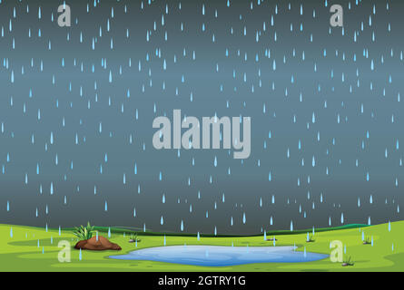 Rain, falling water drops and puddle ripples on dark blue background ...