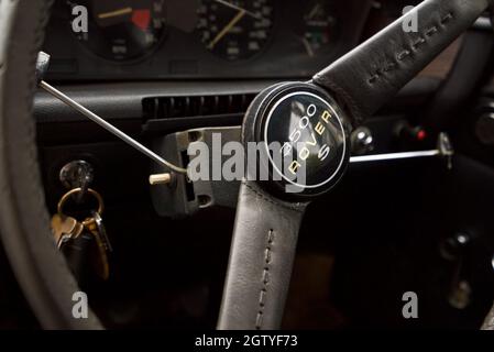 P6 Rover 3500s V8 steering wheel interior, close up of the logo on the ...