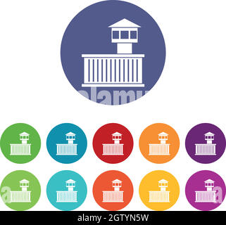 Prison building icons set. Prison building exterior facade line icons ...