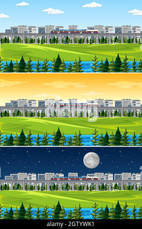 City with nature landscape at different times of day illustration Stock ...