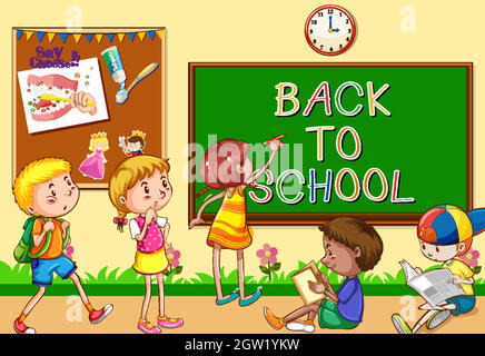 Scene with school kids in the classroom with body anatomy model ...