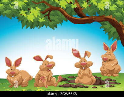 Cute cartoon rabbit digging a hole with shovel. Vector illustration ...