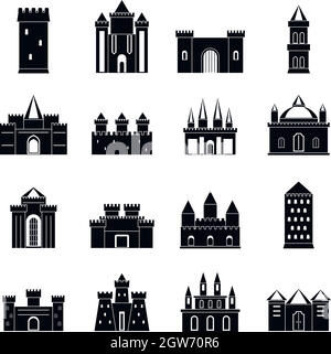 Towers and castles icons set in white squares on black background ...