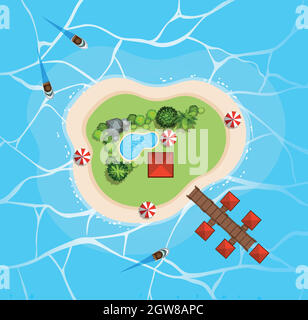 Island top aerial view graphic black white landscape sketch ...