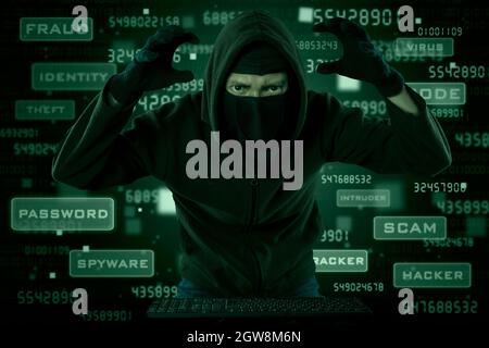 portrait of hacker with mask and binary code background Stock Photo - Alamy