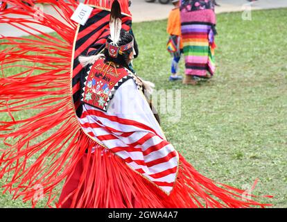 A First Nations women stands on a floor of spruce boughs inside a wall ...
