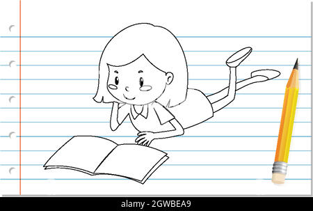 Hand writing of girl reading book outline illustration Stock Vector ...