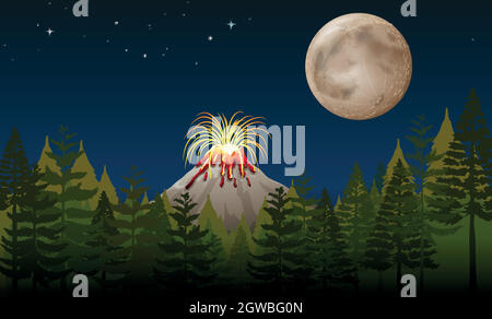 Night volcano eruption cartoon illustration with lava fire. Volcanic ...