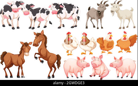 Set of different farm animals in cartoon style illustration Stock ...