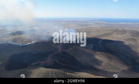 An aerial view of the Fagradalsfjall volcano eruption in Iceland in the ...