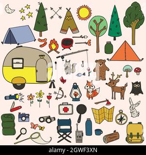 Camping trip. Hand Drawn trailer, tents, fishing, camp fire, nature ...