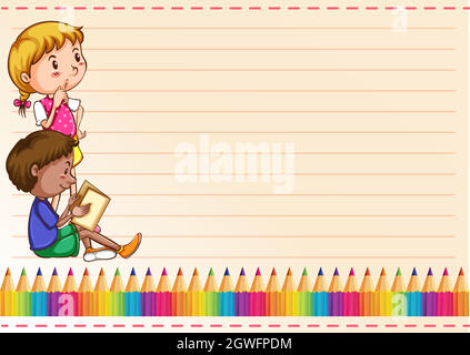 Border design with children and colorpencils illustration Stock Vector ...