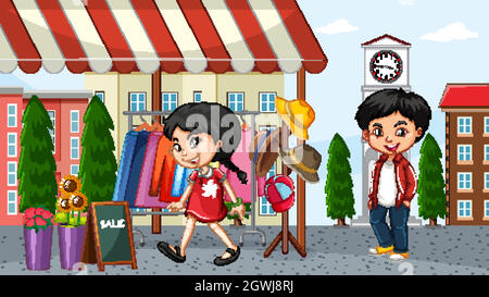 Girl selling clothes at flea market illustration Stock Vector Image ...
