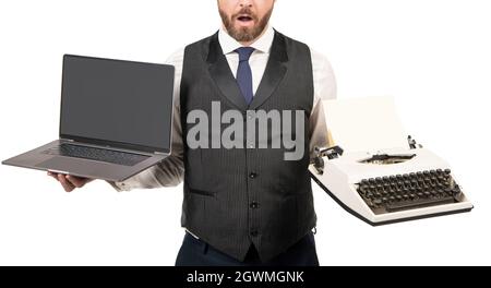 amazed cropped man showing computer and typewriter isolated on white ...