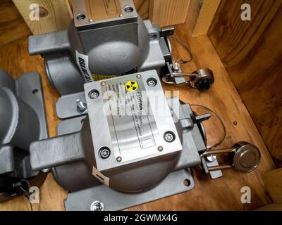 Radiation warning sign on the nameplate the mechanical container of ...