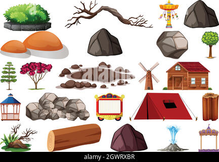 Collection of outdoor nature themed objects and plant elements ...
