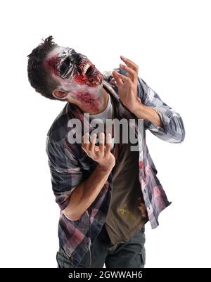 Creepy man with bloody scars face, Halloween stylish zombie make-up ...