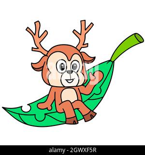 emoticon of cute fawn sitting on a leaf, doodle icon image kawaii Stock ...