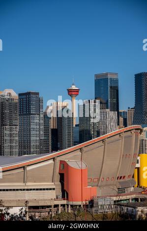 The Scotiabank Saddledome and the city skyline of Calgary, Alberta ...