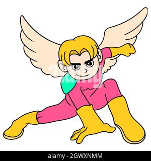 The winged handsome male superhero with super powers, doodle icon image ...