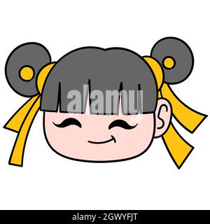 Chinese girl head emoticon with smiling expression, doodle icon image ...