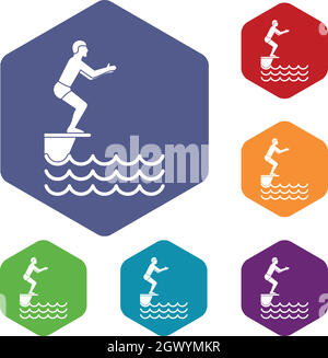 Man standing on springboard icons set vector illustration in flat style ...