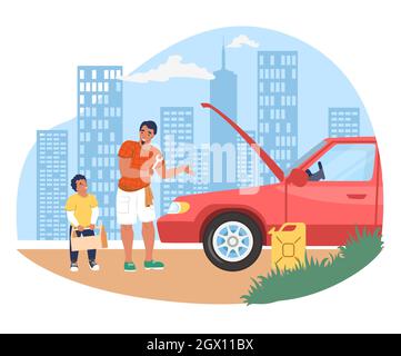 Dad and son fixing a car together on white background illustration ...