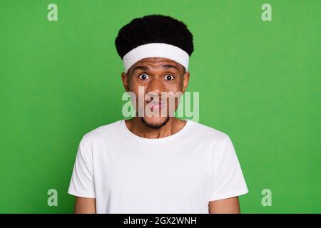 Photo of impressed funny dark skin man wear plaid shirt smiling rising ...