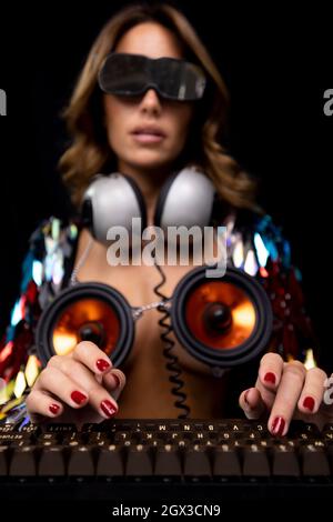 Woman with crazy costume typing on keyboard Stock Photo - Alamy
