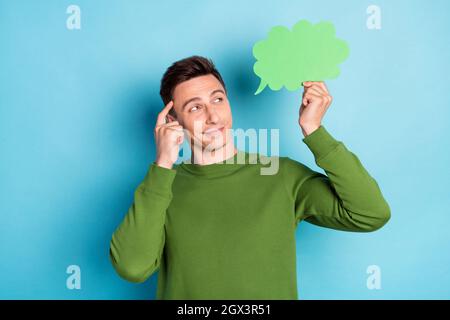 Photo of smart happy minded guy point temple finger idea genius ...