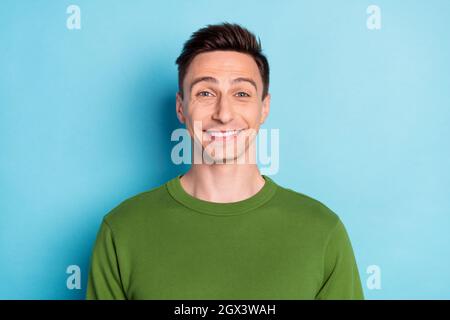 Photo of positive cheerful person beaming smile look interested empty ...