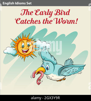 English idiom the early bird catches the worm template illustration ...