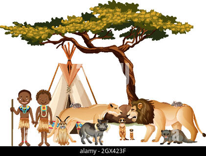 African tribe with group of wild african animal on white background ...