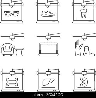 Additive manufacturing linear icons set. D printing, Layering, Polymerization, Filament, Resin ...