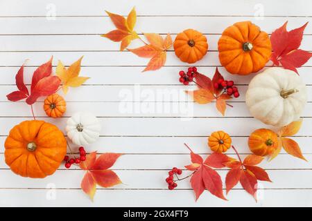Autumn framework from pumpkins, berries and leaves on a travertine ...