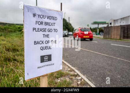 Pyecombe, September 26th 2021: A satirical anti-Brexit signpost put up ...