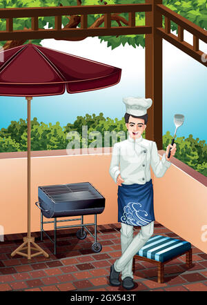 Person cooking on barbecue grill , vector cartoon stick figure or ...
