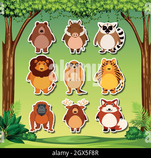 Sticker set of funny monkey cartoon characters illustration Stock ...