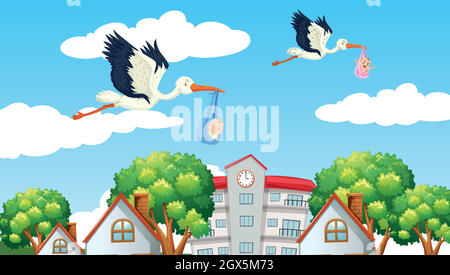 Stork is delivering a baby. The illustration is in 4 different versions ...