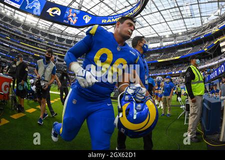 Los Angeles Rams defensive lineman Kobie Turner (91) reacts after a ...