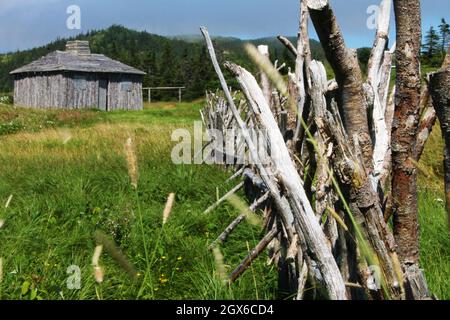 Rustic fence made with tree branches and wooden posts with a small roof ...