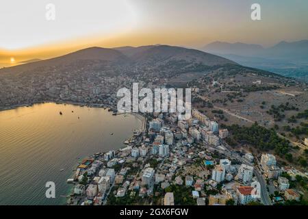 Sunset aerial view of Sarande, Albania Stock Photo - Alamy