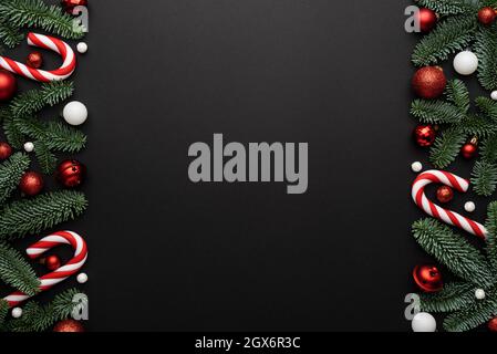 Frame made of balls and Christmas blank greeting card on blue ...