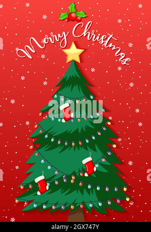 Merry Christmas text decorated with hand drawn bow and stars. Greeting ...