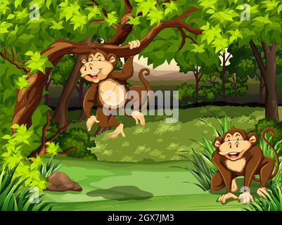 Forest scene with funny monkeys cartoon illustration Stock Vector Image ...