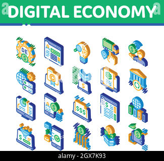 Data economy isometric set of isolated compositions with icons of ...