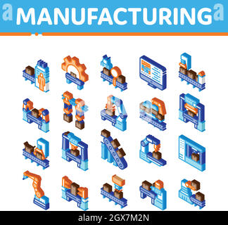 Manufacturing process or production icons set. Industrial conveyor ...