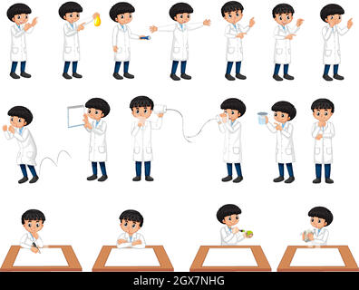 Scientist poses vector illustration set. Cartoon man character wearing ...